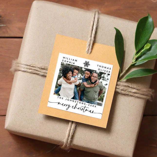 Modern Minimal Merry Christmas Family Names Photo Square Sticker | Zazzle