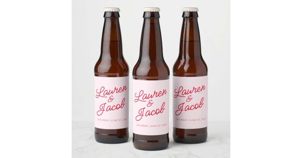 Modern Minimal Minimalist Pink and Red Wedding Beer Bottle Label | Zazzle