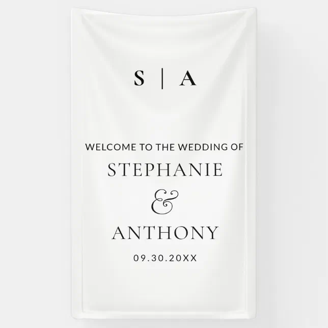 Modern Minimal Monogram Black and White Wedding Banner | Zazzle
