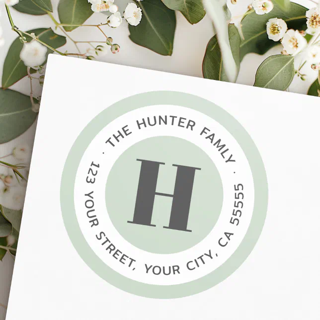 Modern minimal monogram light green return address classic round ...
