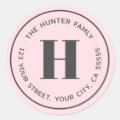 Modern minimal monogram light pink return address classic round sticker ...