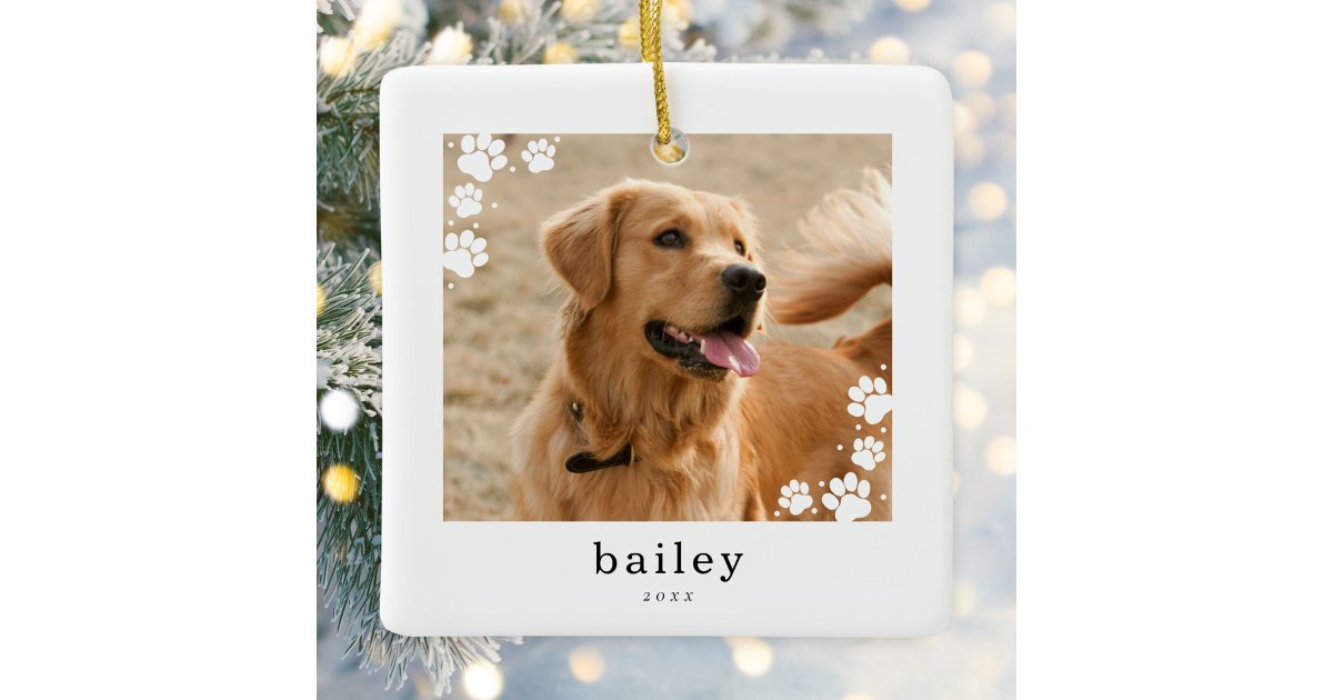 Modern Minimal Paw Prints Pet Dog Photo Ceramic Ornament | Zazzle