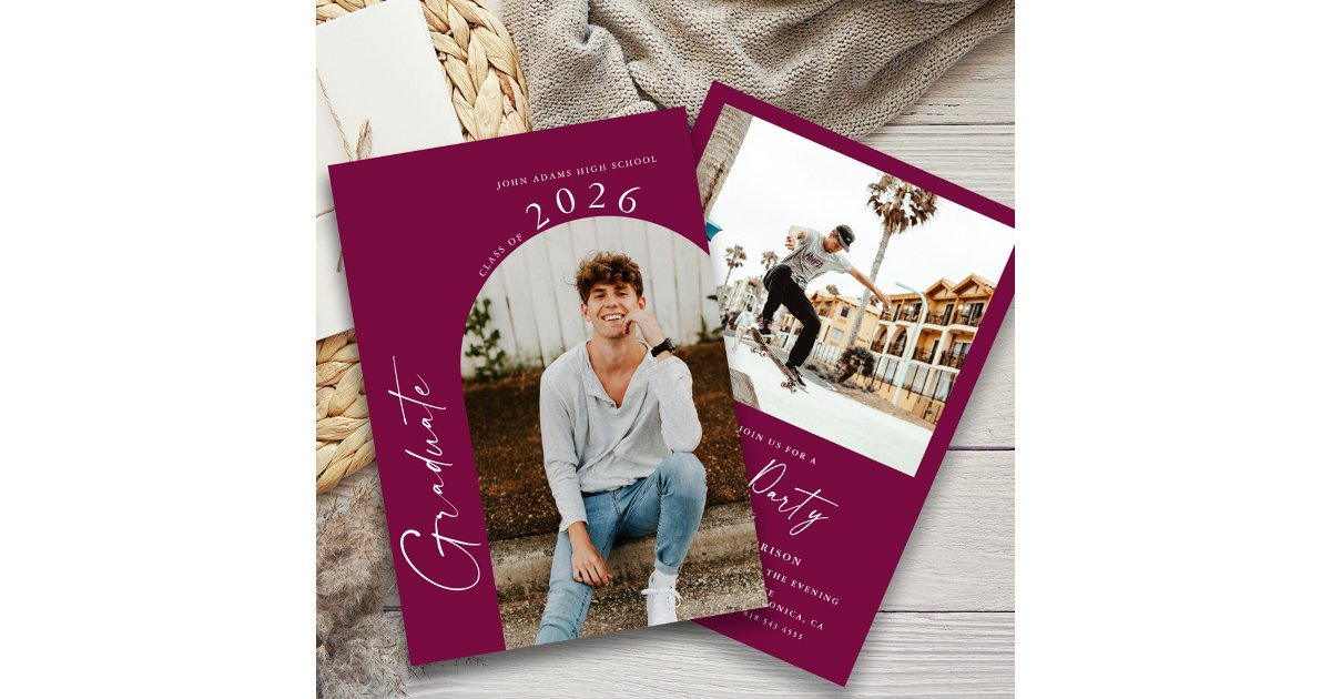 Modern Minimal Photo Maroon Graduation Party Invitation | Zazzle