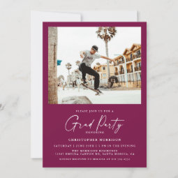 Modern Minimal Photo Maroon Graduation Party Invitation | Zazzle