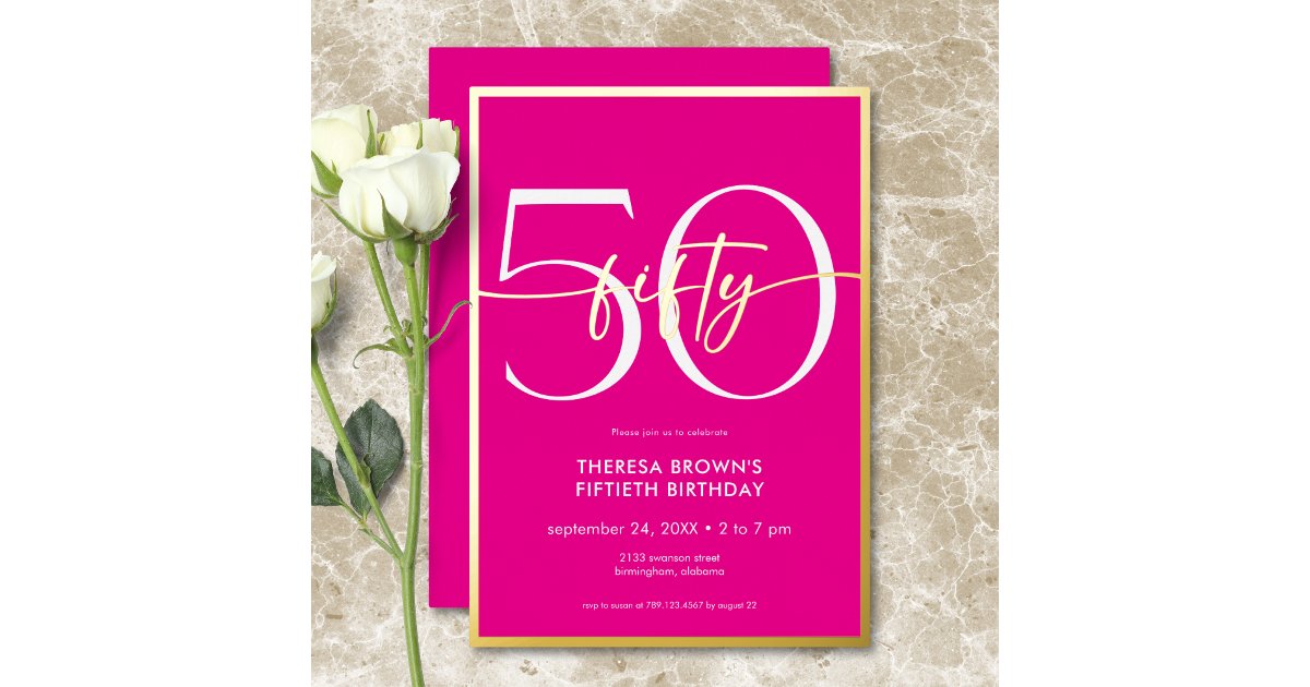 Modern Minimal Pink Fifty Script Birthday Foil Invitation | Zazzle