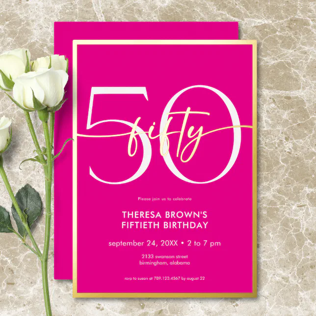 Modern Minimal Pink Fifty Script Birthday Foil Invitation | Zazzle