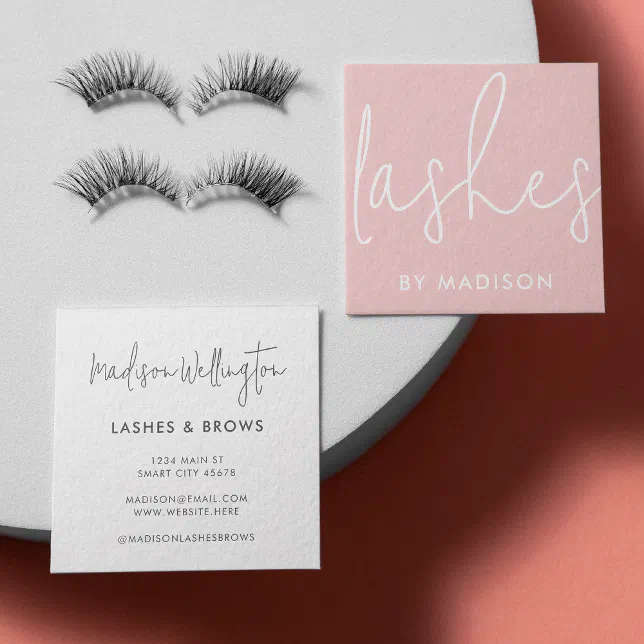 Modern Minimal Pink Script Beauty Lashes Square Business Card | Zazzle