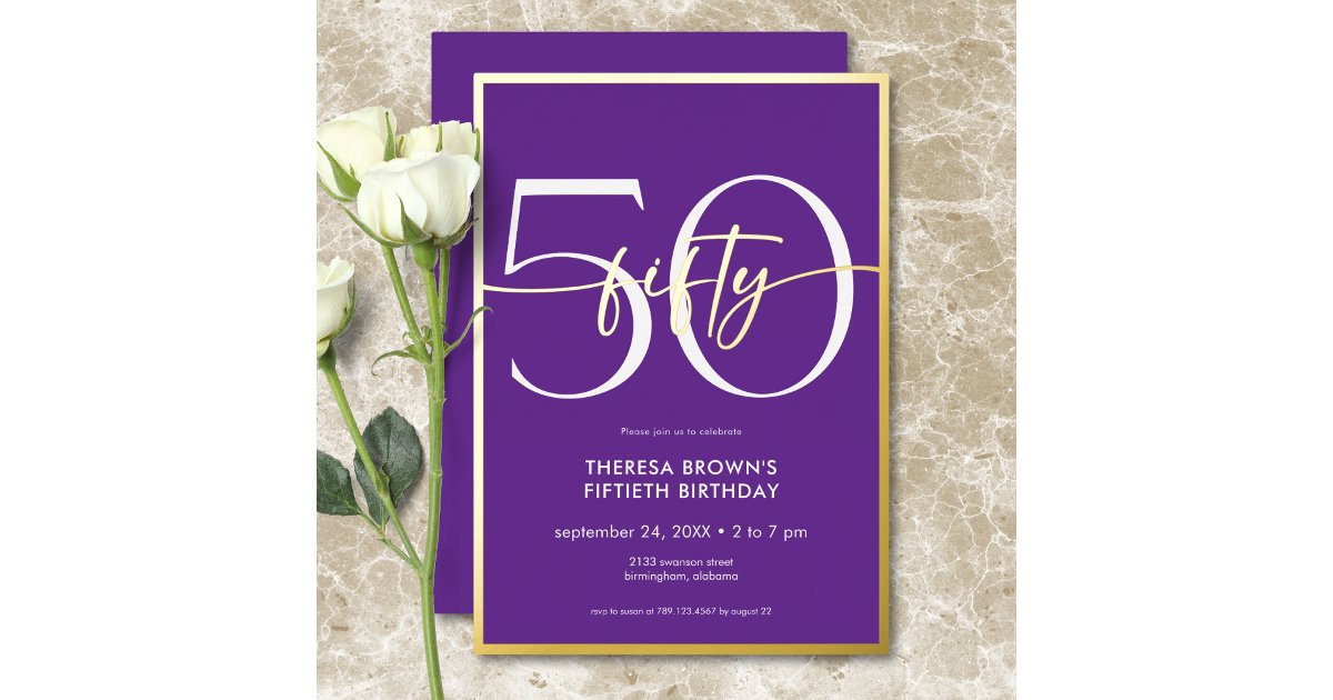 Modern Minimal Purple Fifty Script Birthday Foil Invitation | Zazzle