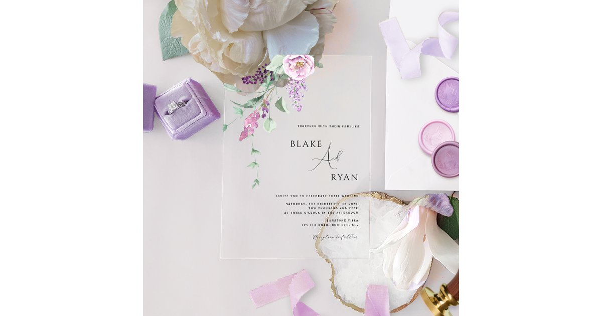 Modern Minimal Purple, Mauve and Pastel Floral Acrylic Invitations | Zazzle