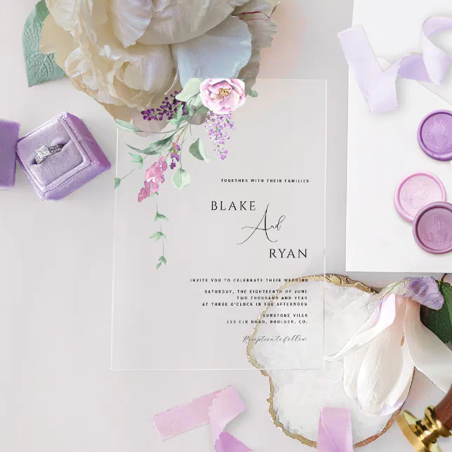 Modern Minimal Purple, Mauve and Pastel Floral Acrylic Invitations | Zazzle