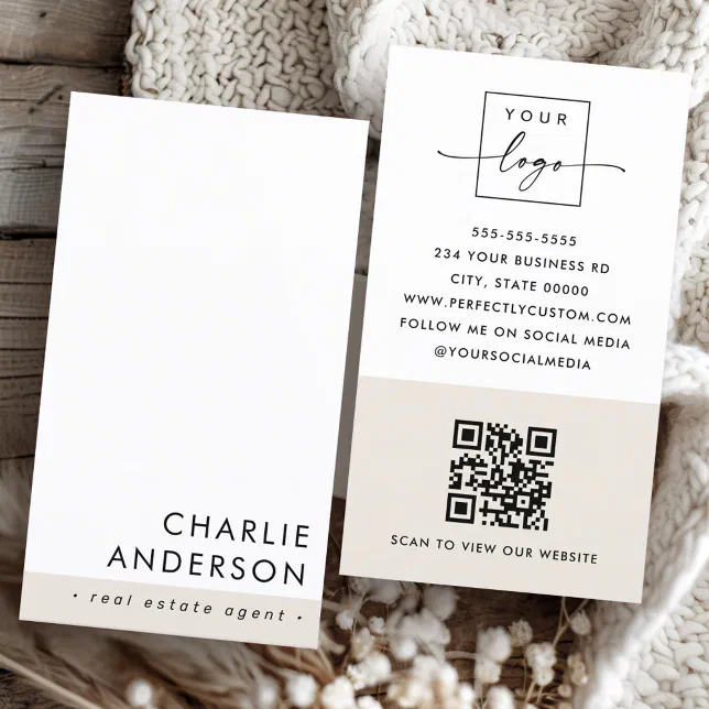 Modern minimal QR code light brown white vertical Business Card | Zazzle