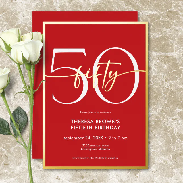 Modern Minimal Red Fifty Script Birthday Foil Invitation | Zazzle