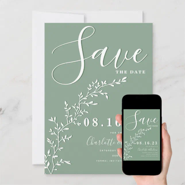 Modern Minimal Sage Green Save The Date Invitation | Zazzle