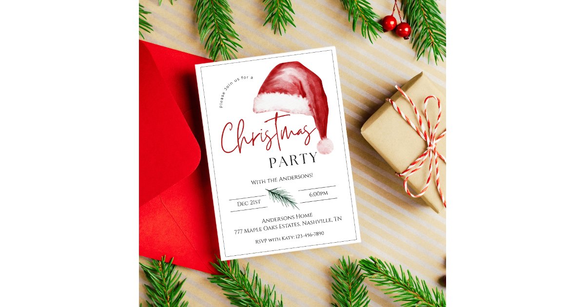 Modern Minimal Santa Hat Christmas Party Invitation | Zazzle