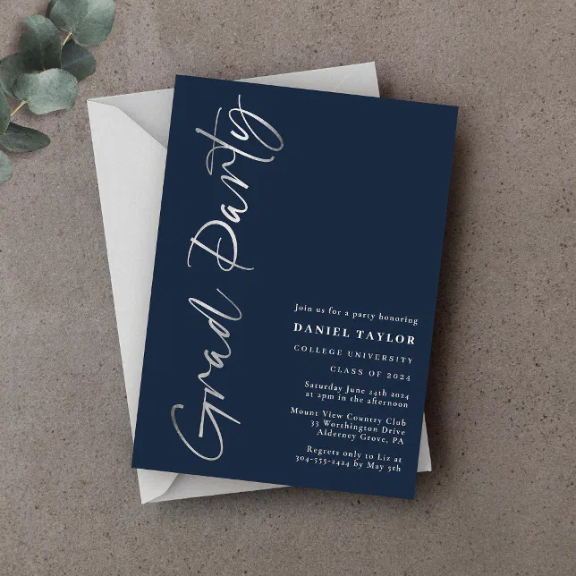 Modern Minimal Script Blue Silver Graduation Party Foil Invitation | Zazzle
