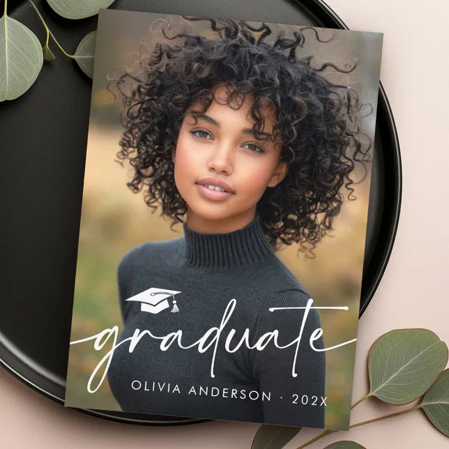 Modern minimal script cap photo graduation announcement | Zazzle