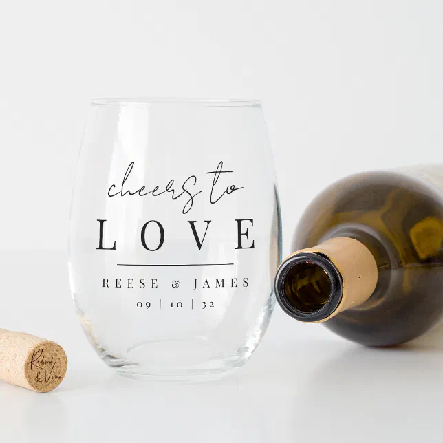 Modern Minimal Script Cheers to Love Wedding Favor Stemless Wine Glass ...