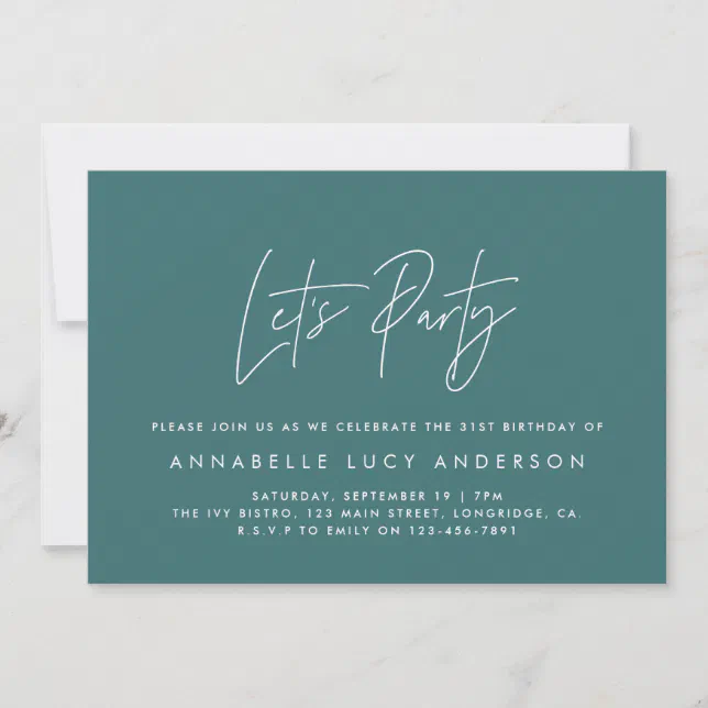 Modern minimal script geometrical teal birthday invitation | Zazzle