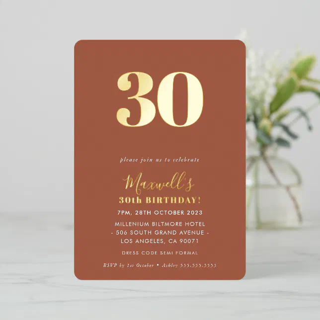MODERN MINIMAL simple 30th birthday party brown Foil Invitation | Zazzle