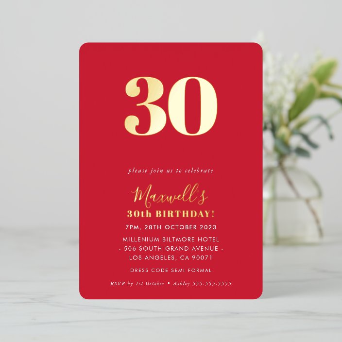 MODERN MINIMAL simple 30th birthday party red Foil Invitation | Zazzle.com