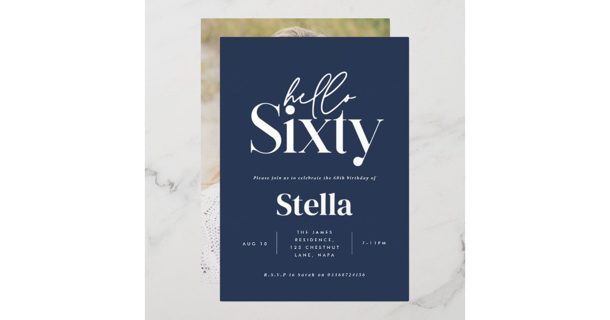 Modern minimal simple navy blue 60th birthday foil invitation | Zazzle