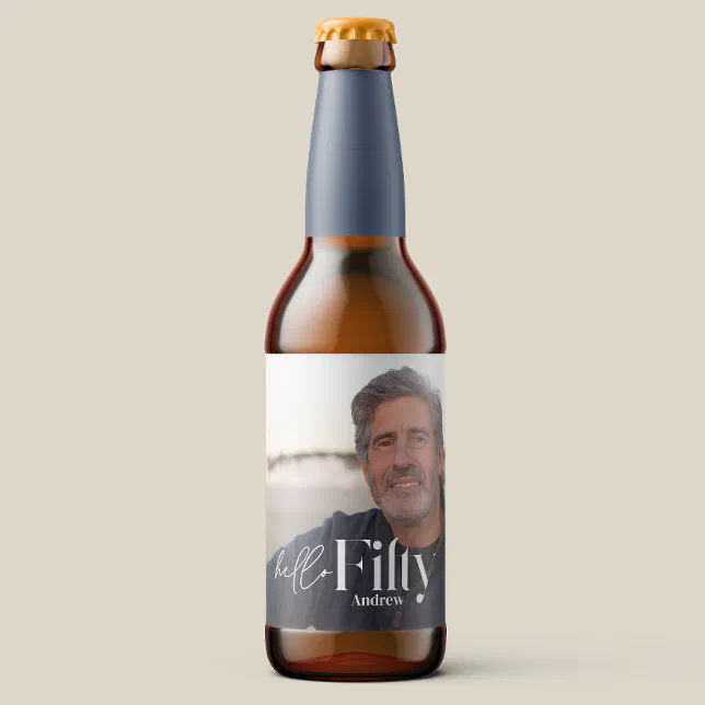 Modern minimal simple photo 50th birthday beer bottle label | Zazzle