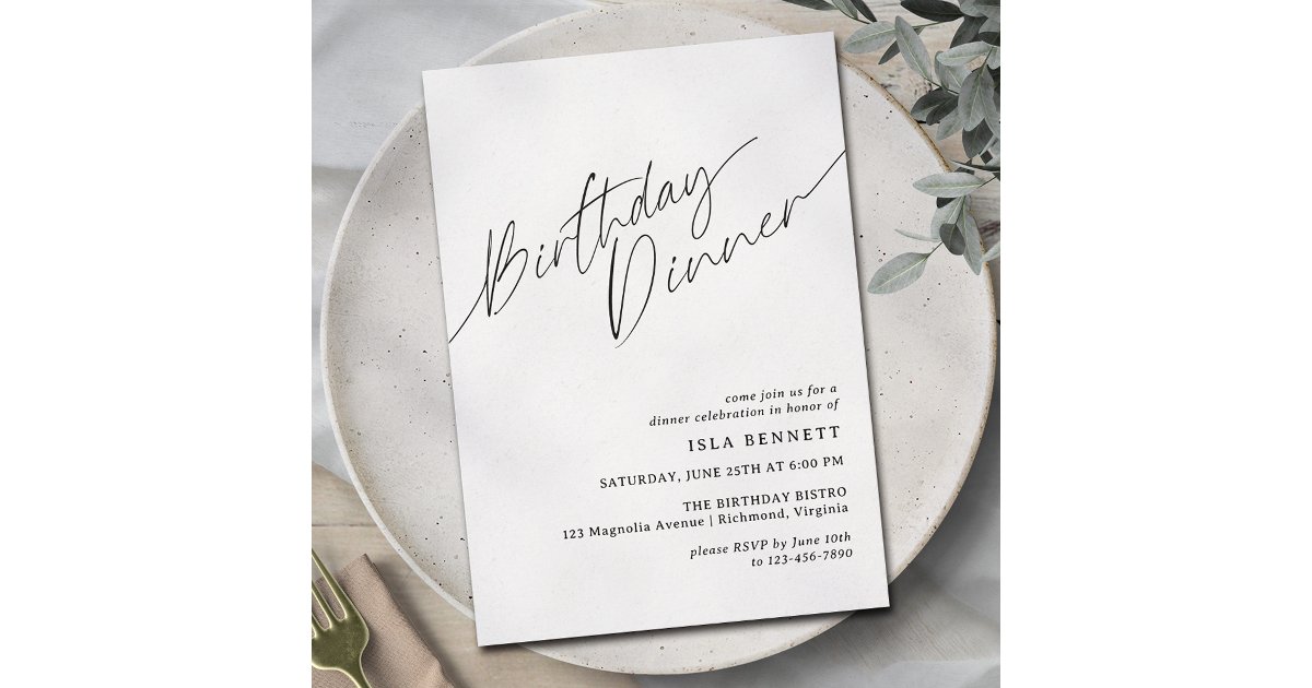 Modern Minimal | Simple Script Birthday Dinner Invitation | Zazzle
