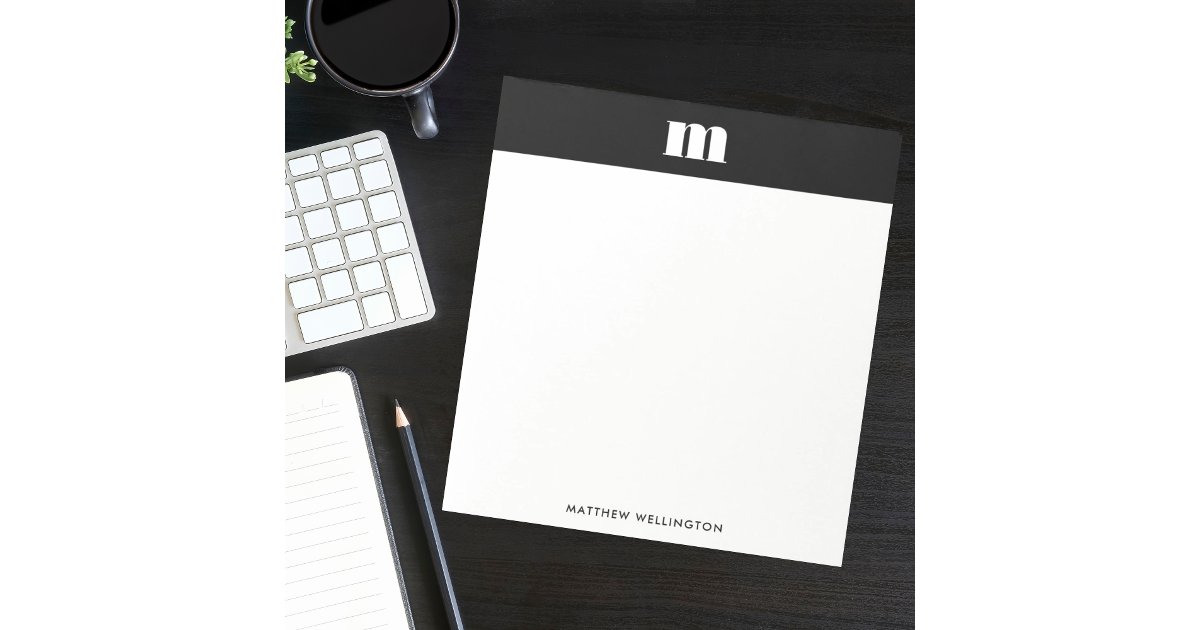 Modern Minimal Solid Black White Custom Monogram Notepad | Zazzle