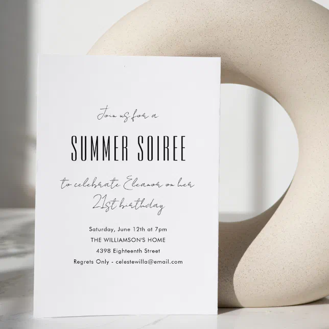 Modern Minimal Summer Soiree Birthday Party White Invitation | Zazzle