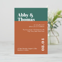 Modern Minimal Teal Copper Colorblock Wedding Invitation | Zazzle
