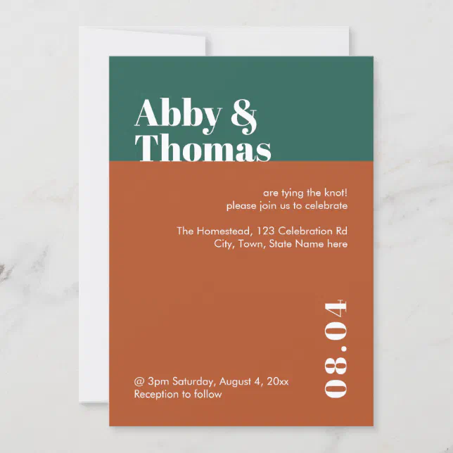 Modern Minimal Teal Copper Colorblock Wedding Invitation | Zazzle
