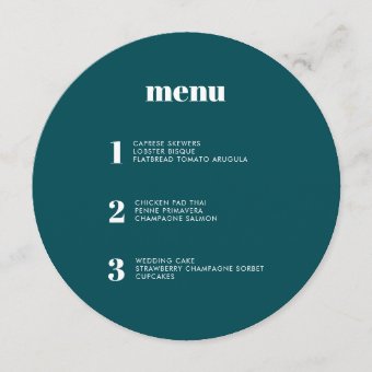 Modern Minimal Teal Green Round Circle Wedding Menu | Zazzle