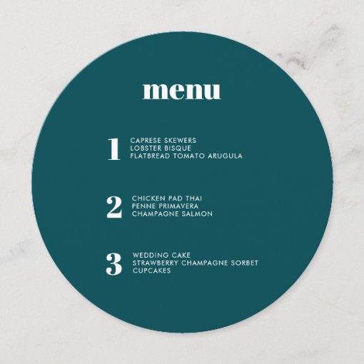 Modern Minimal Teal Green Round Circle Wedding Menu | Zazzle