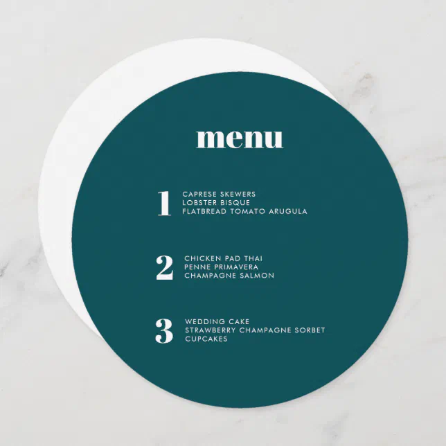 Modern Minimal Teal Green Round Circle Wedding Menu | Zazzle