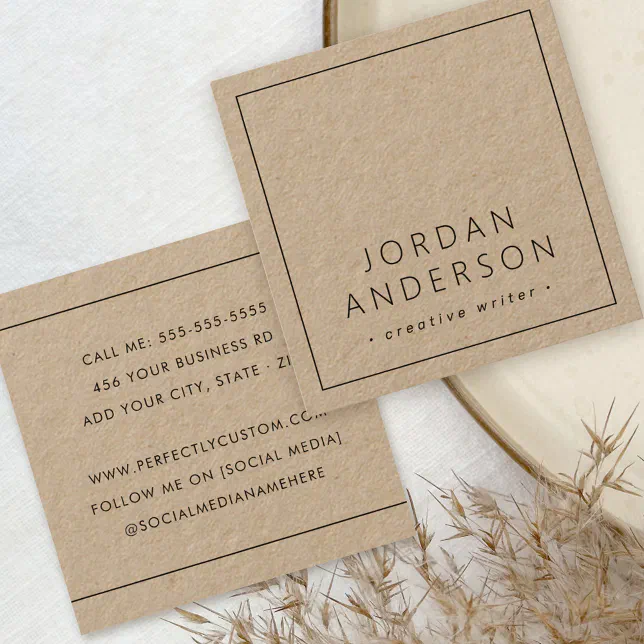 Modern minimal thin borders brown Kraft paper Square Business Card | Zazzle