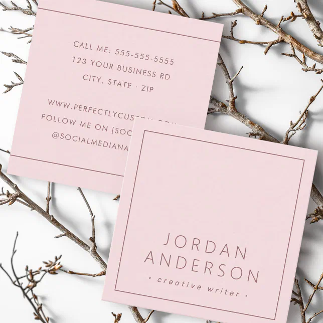 Modern minimal thin borders light pink square business card | Zazzle