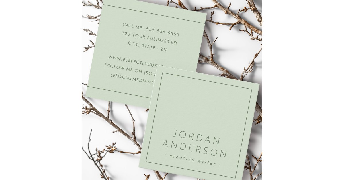 Modern minimal thin borders light sage green square business card | Zazzle