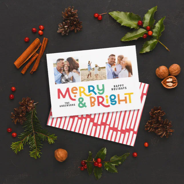 Modern minimal typography 3 photo Christmas fun Ho Holiday Card | Zazzle