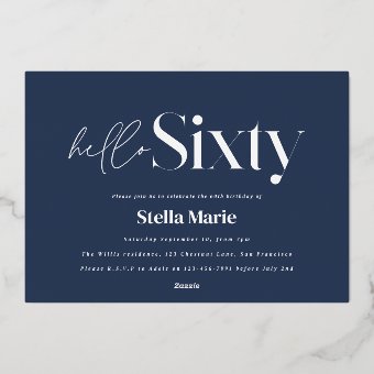 Modern minimal typography navy blue 60th birthday foil invitation | Zazzle