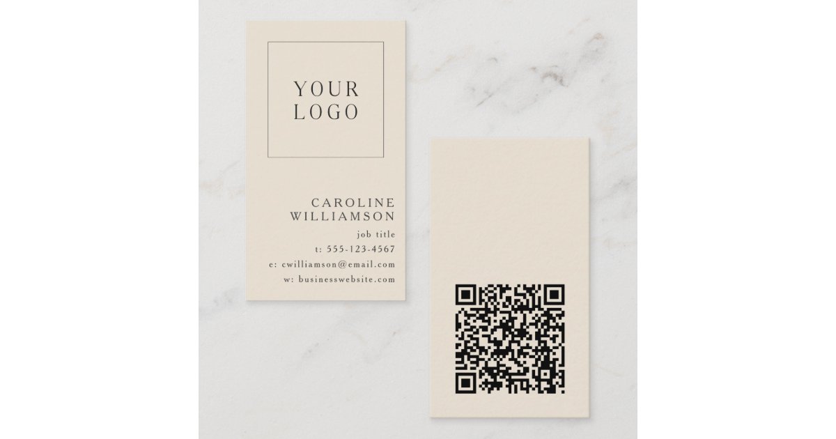 Modern Minimal Vertical Logo QR Code Ivory Black Business Card | Zazzle