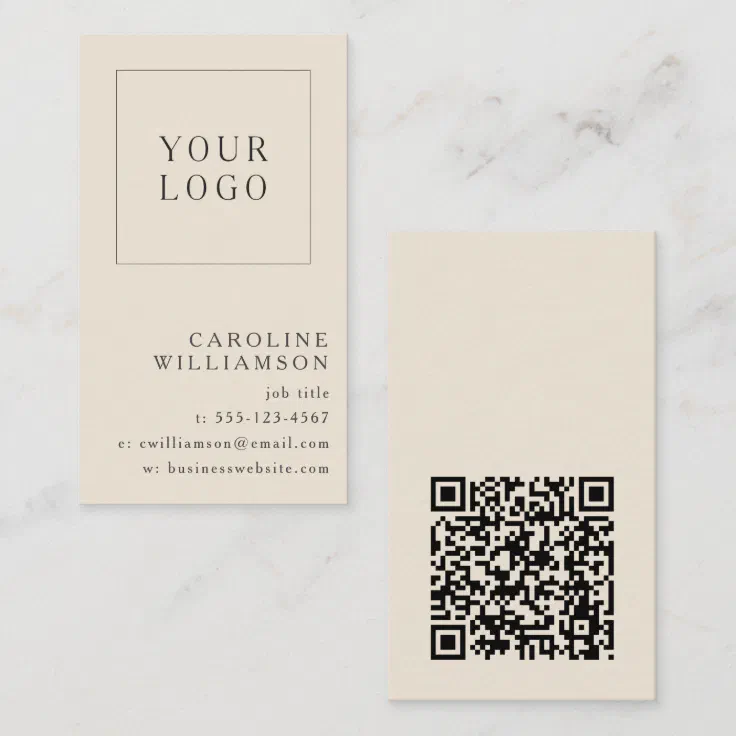 Modern Minimal Vertical Logo QR Code Ivory Black Business Card | Zazzle