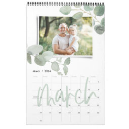 Modern minimal watercolor eucalyptus photo script calendar | Zazzle