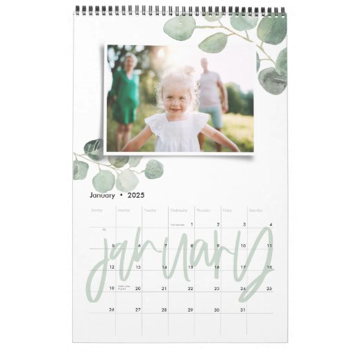 Modern minimal watercolor eucalyptus photo script calendar | Zazzle