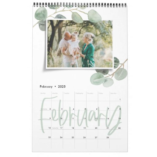 Modern minimal watercolor eucalyptus photo script calendar | Zazzle