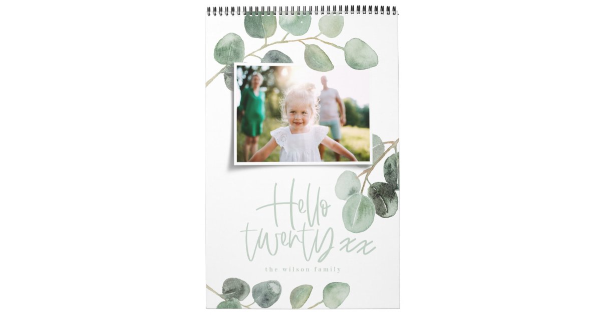 Modern minimal watercolor eucalyptus photo script calendar | Zazzle