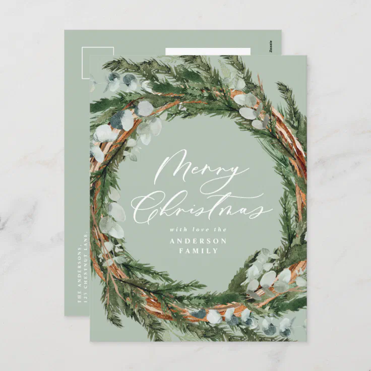 Modern minimal watercolor foliage sage Christmas Holiday Postcard | Zazzle