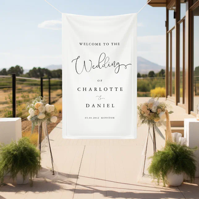 Modern, minimal, white wedding banner | Zazzle