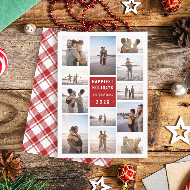 Modern Minimalist 12 Photo Collage Christmas Holiday Card | Zazzle