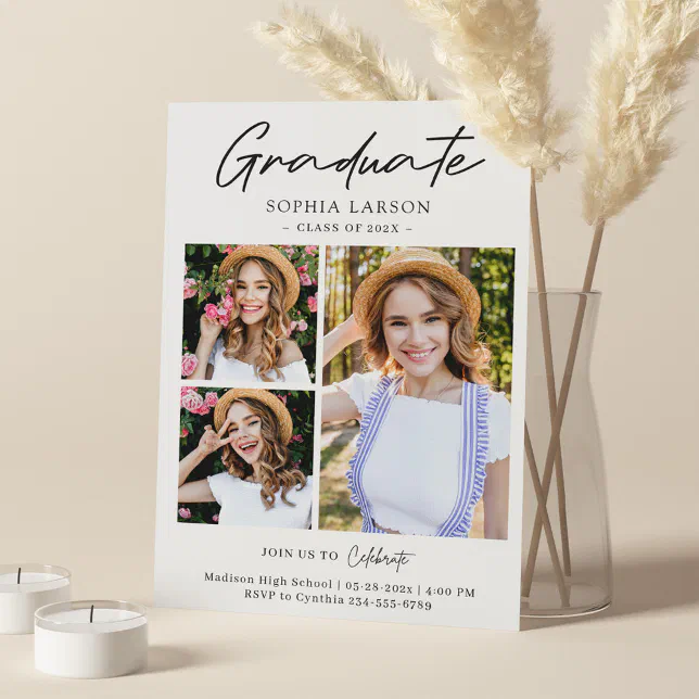 Modern Minimalist 3 Photo Collage Graduation Announcement | Zazzle