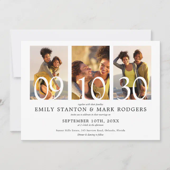 Modern Minimalist 3 Photo Collage Wedding Invitation | Zazzle